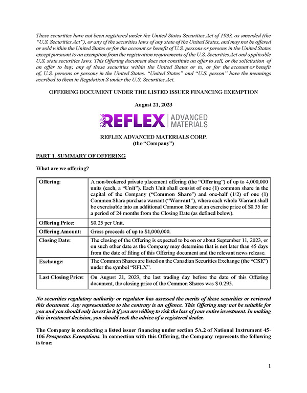 Offering Document Under The Listed Issuer Financing Exemption - Reflex ...
